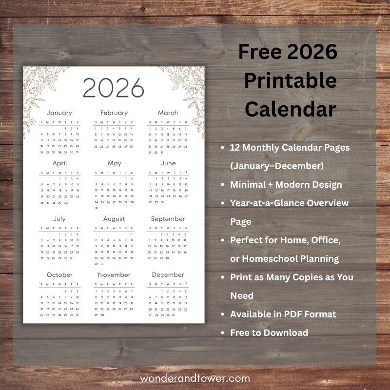 Free 2026 Printable Calendar (Monthly + Year at a Glance)